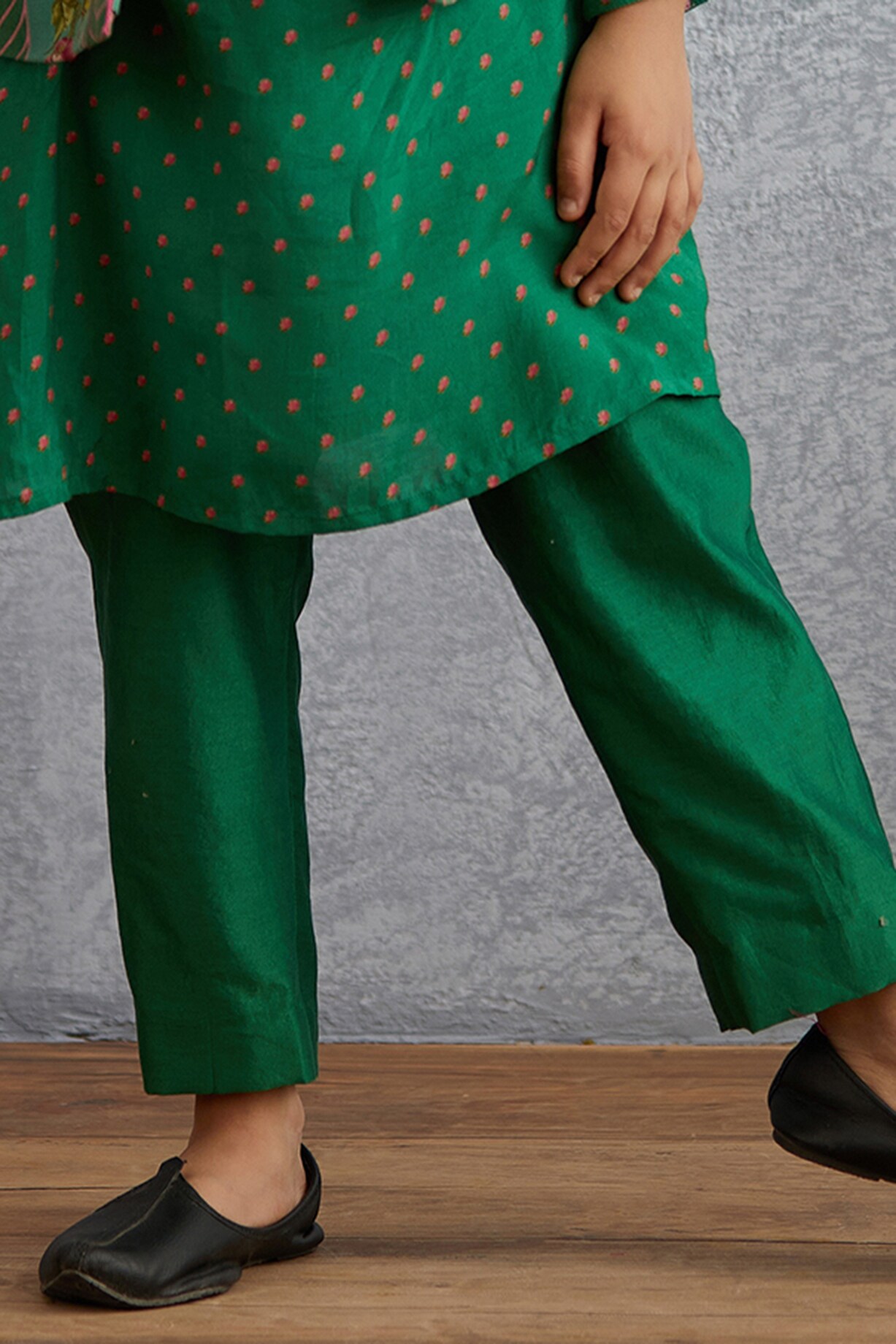 Emerald Green Kurta Set With Floral Printed Bandi Jacket by Torani Kids ...
