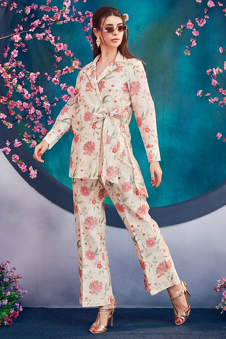 Off-White Printed Wrap-Around Jacket Set Design by Trumpet Vine at ...
