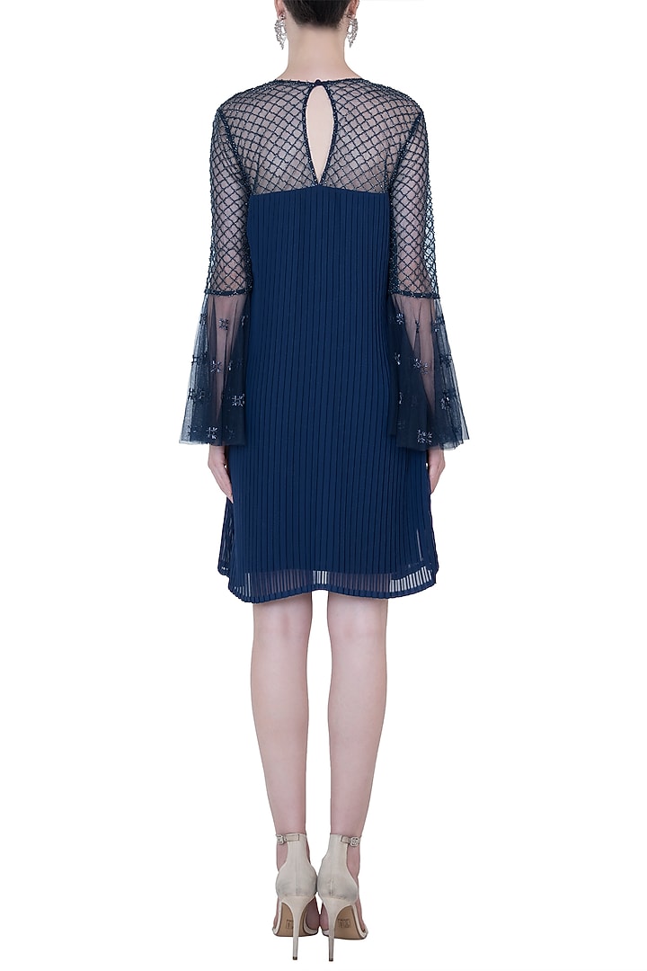 Dark blue pleated embroidered dress available only at Pernia's Pop Up ...