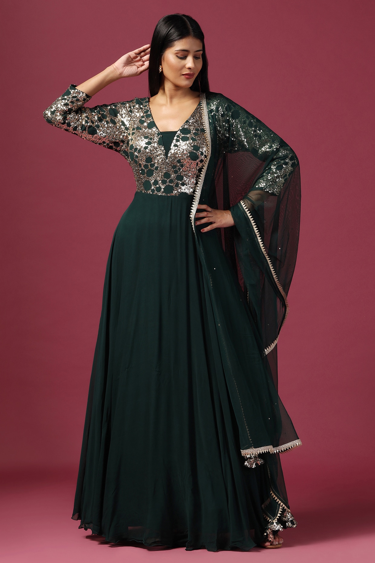 Bottle Green Georgette Sequins Work Anarkali Set by Two Sisters By ...