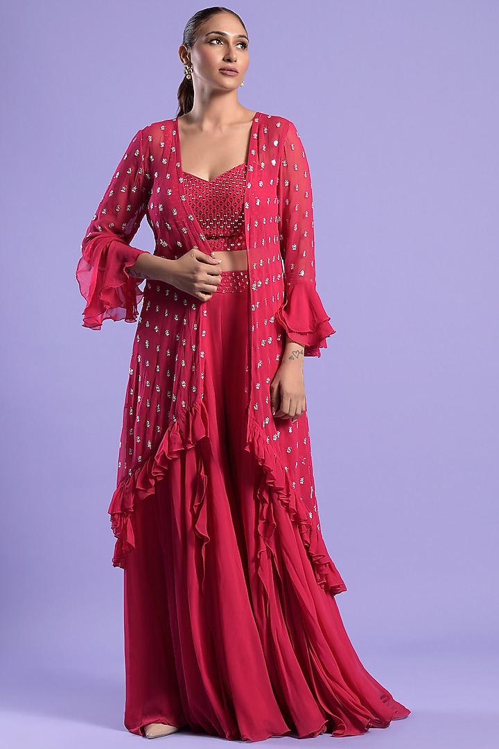 Fuchsia Pink Georgette Embellished Cape Set by Two Sisters By Gyans at ...