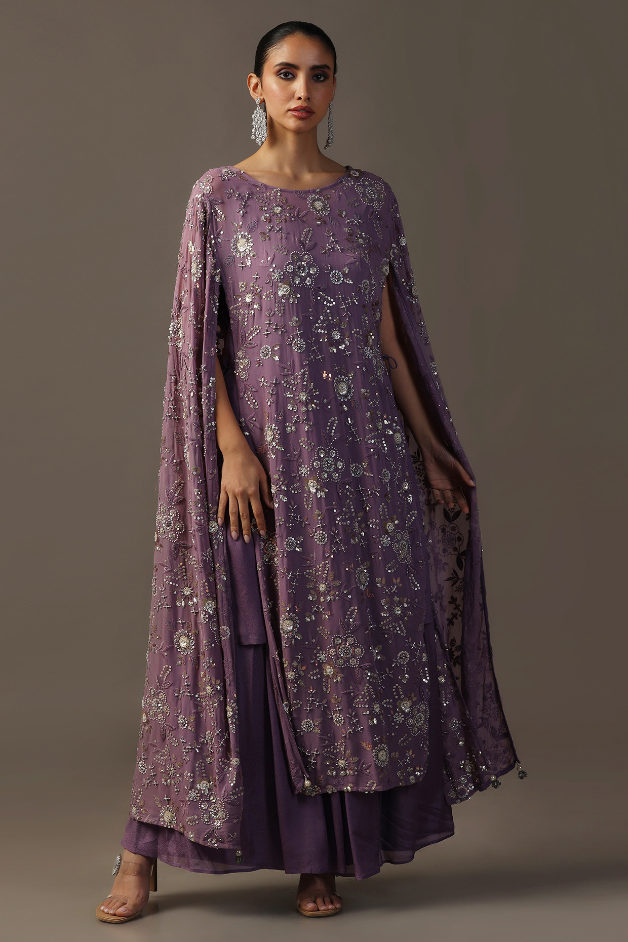 Purple Georgette Sequins Work Cape Set by Two Sisters By Gyans at ...