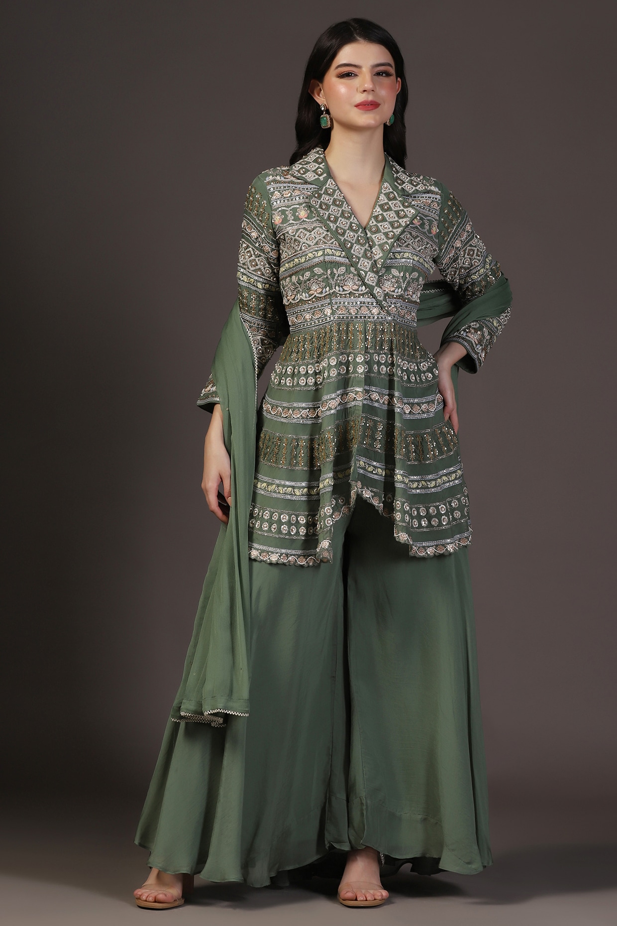 Sage Green Georgette Hand Embroidered Sharara Set by Two Sisters By ...