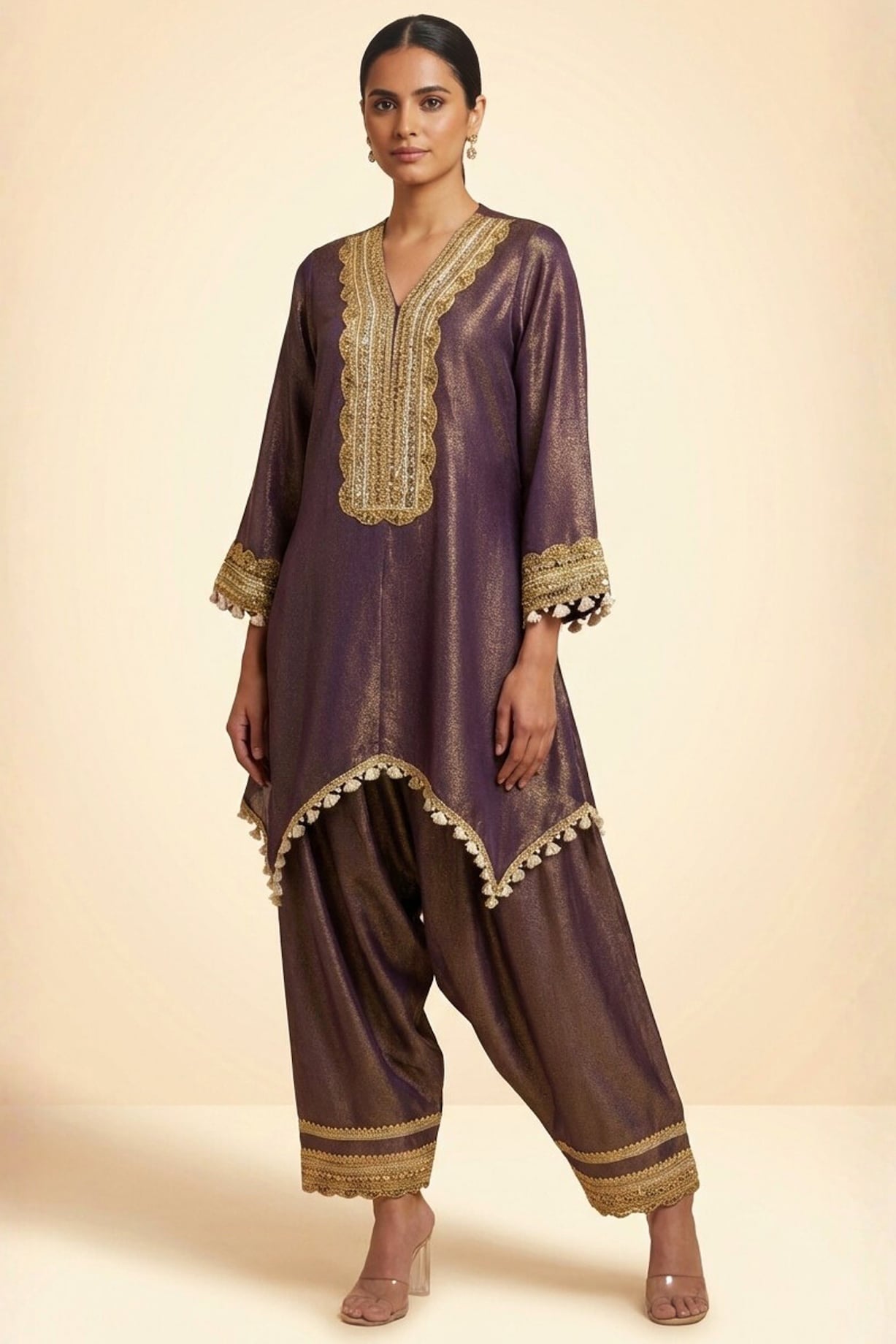Purple Pure Tissue Zari Embroidered Kurta Set by Two Sisters By Gyans ...