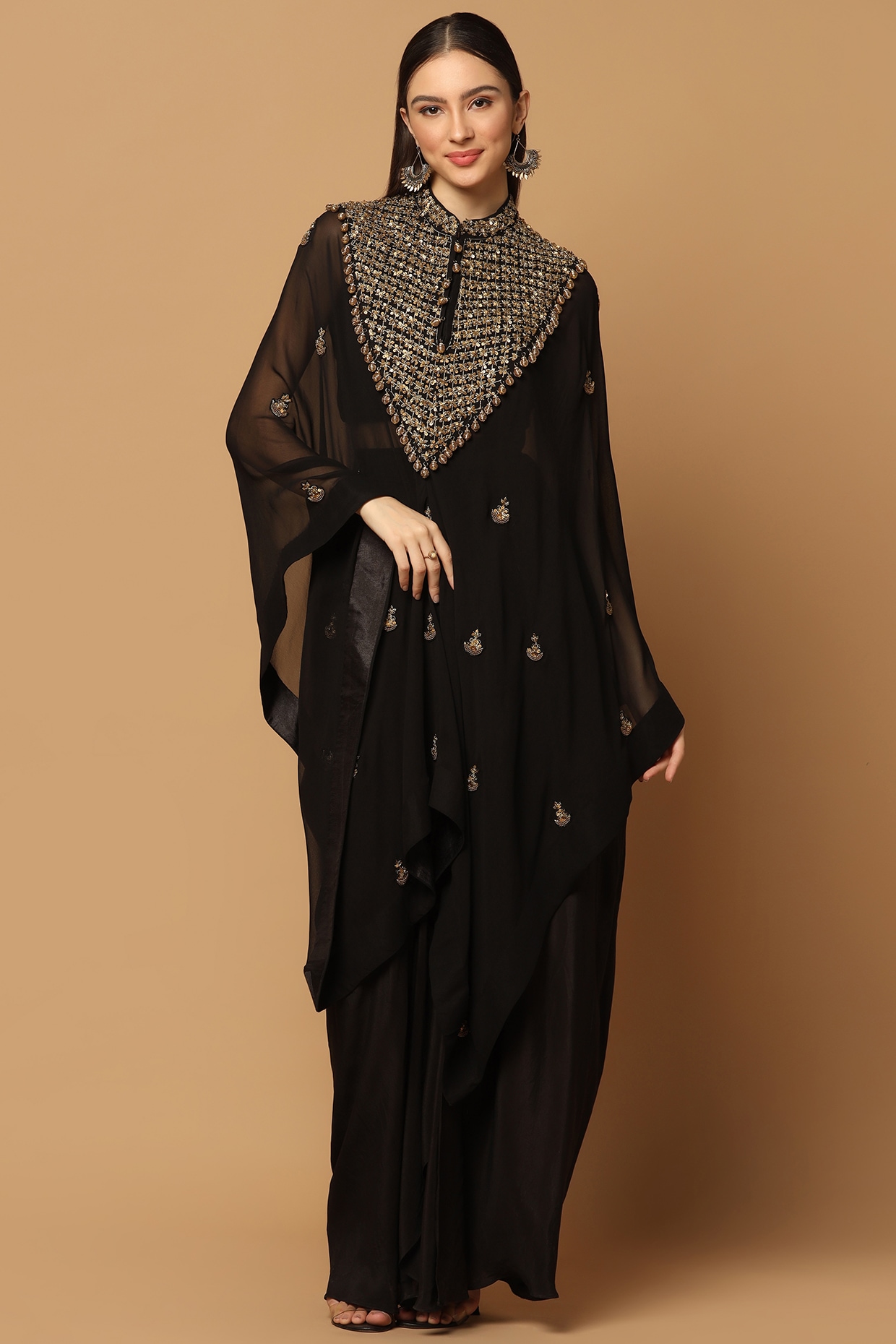 Black Georgette Hand Embroidered Kaftan Cape Set by Two Sisters By ...