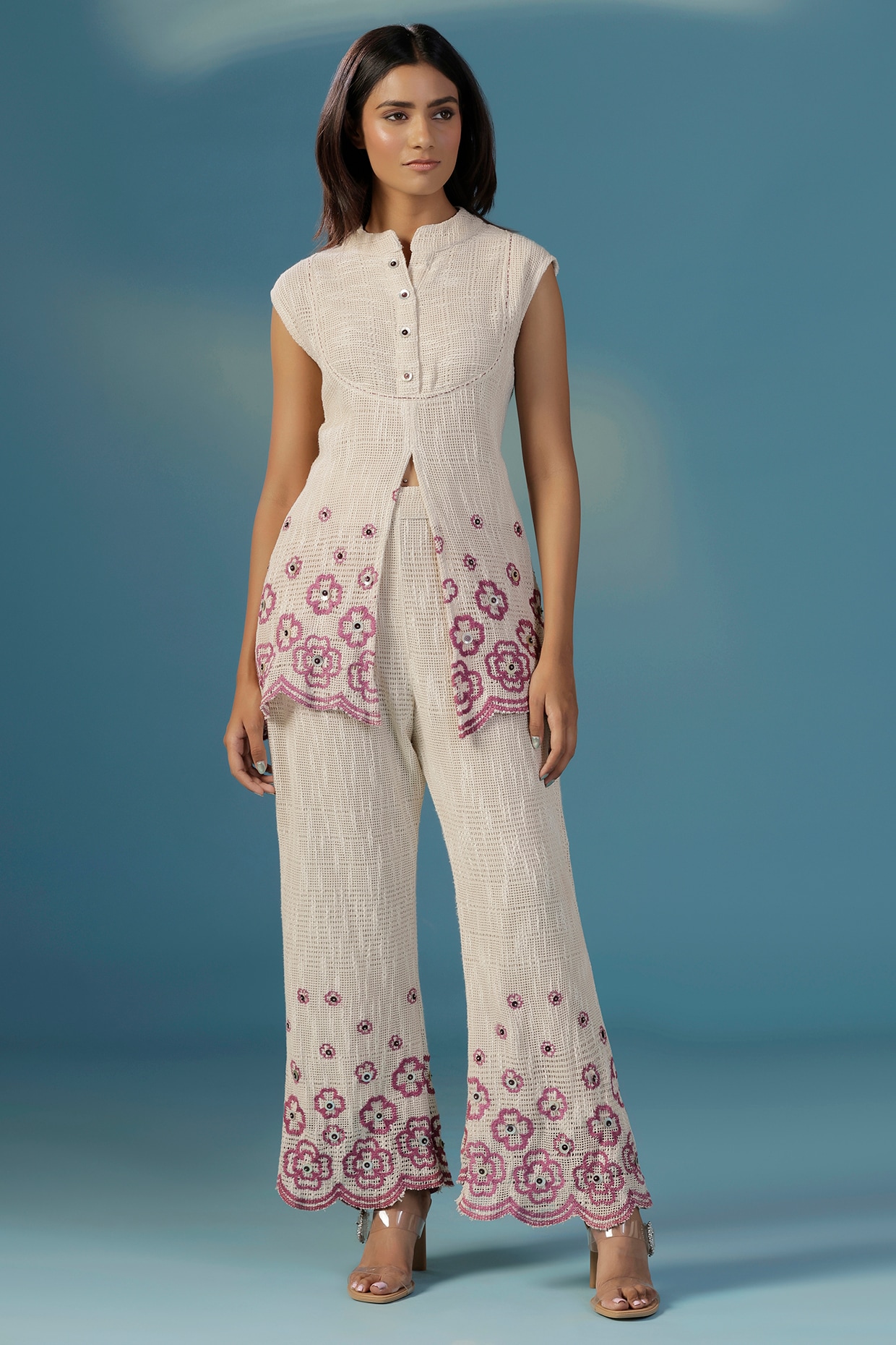 White Organic Jute Floral Hand Embroidered Co-Ord Set by Two Sisters By ...