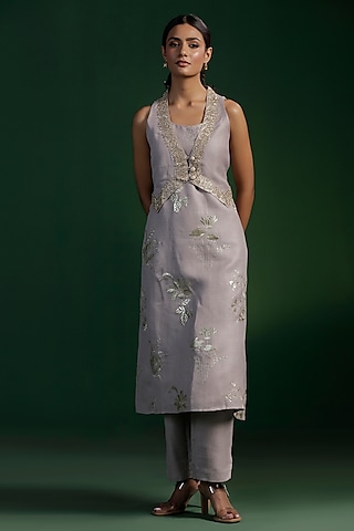 Grey Organic Jute Zari Embroidered Jacket Kurta Set by Two Sisters By ...