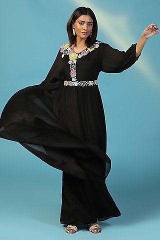 Black Chiffon Floral Hand Embroidered Draped Party Wear Gown by Two ...