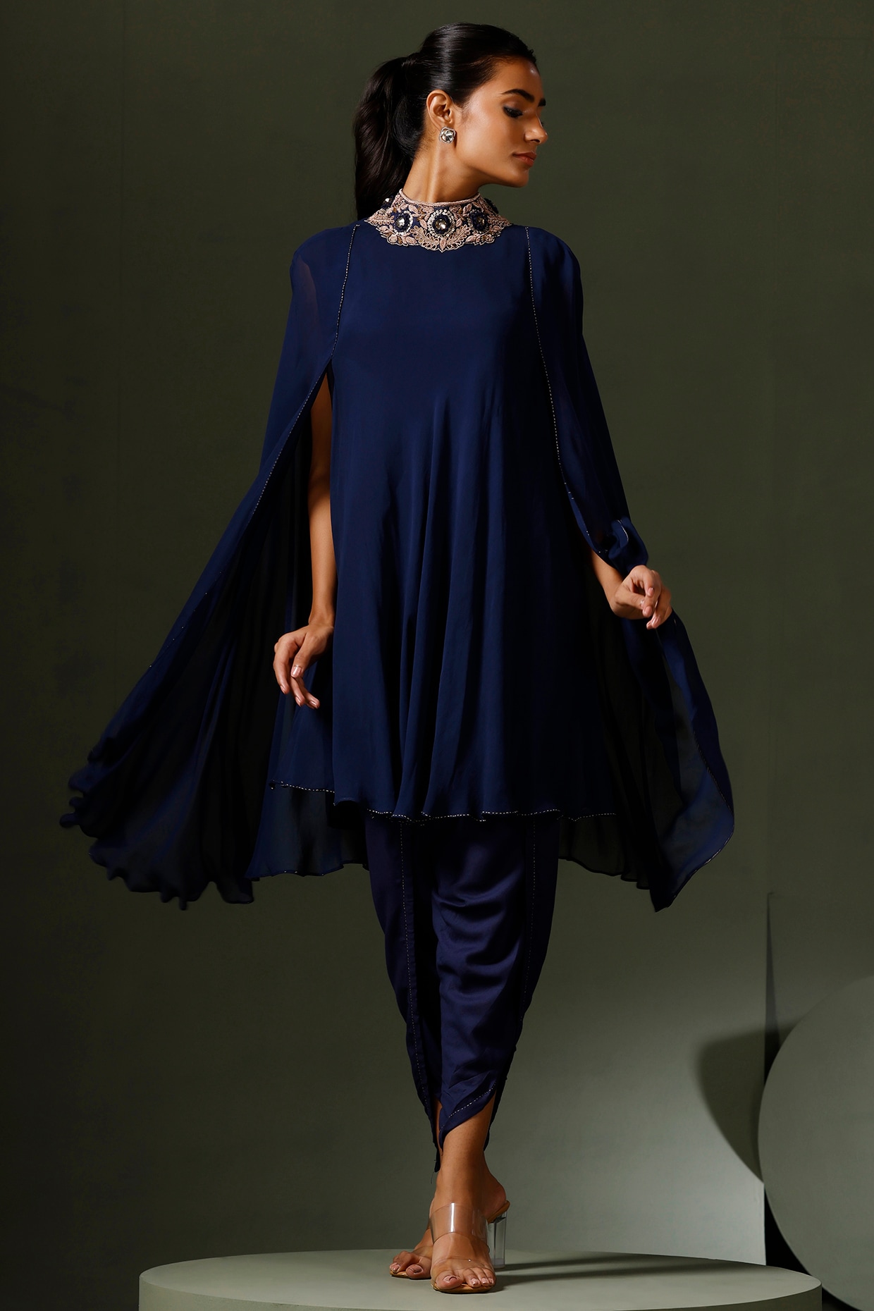 Navy Blue Georgette Hand Embellished Cape Set by Two Sisters By Gyans ...
