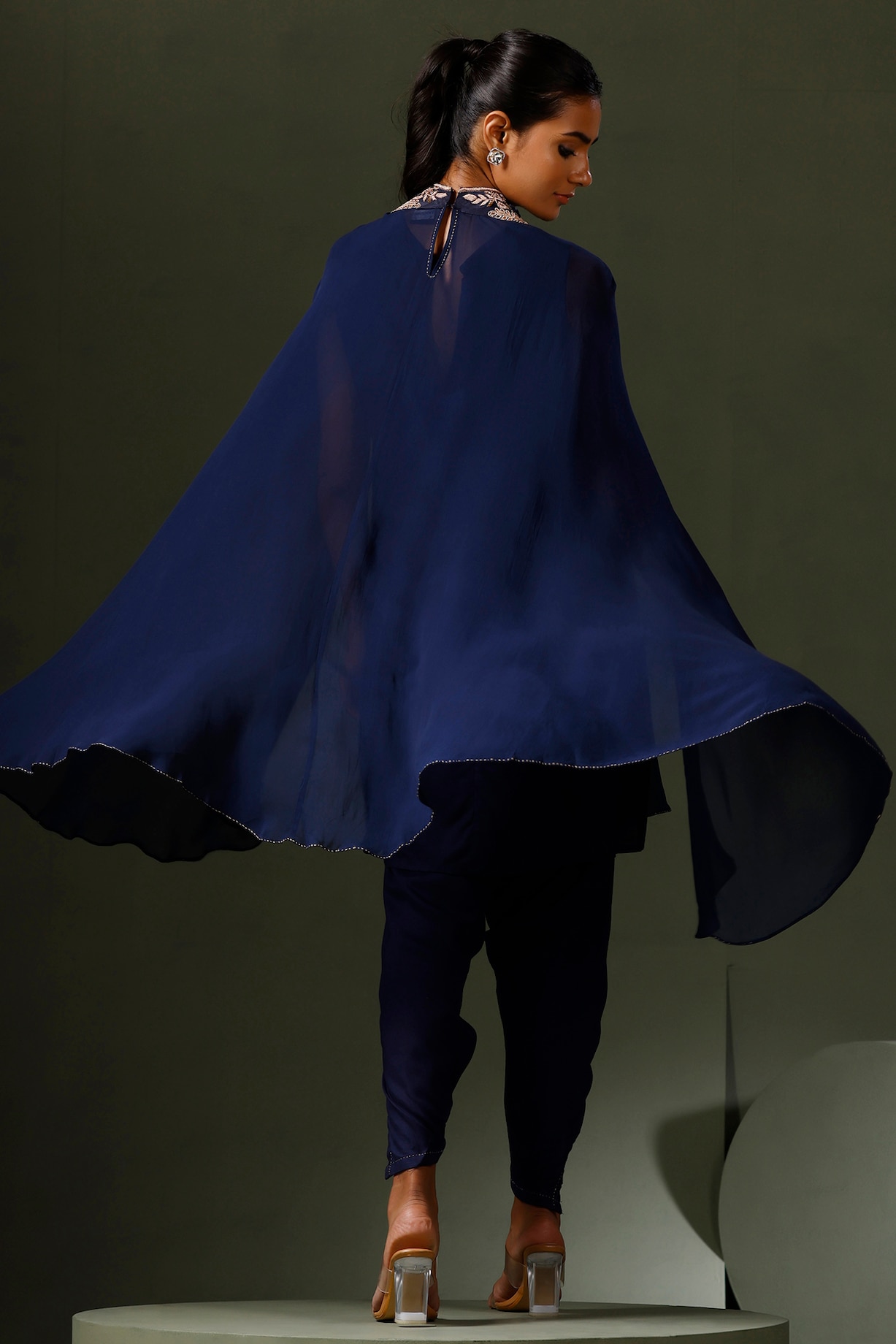 Navy Blue Georgette Hand Embellished Cape Set by Two Sisters By Gyans ...