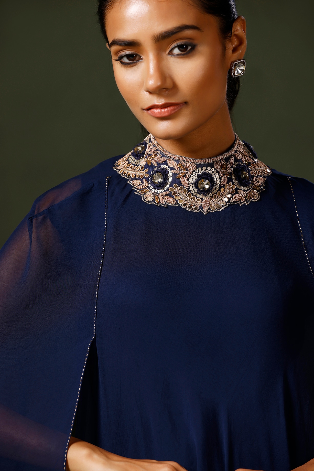 Navy Blue Georgette Hand Embellished Cape Set by Two Sisters By Gyans ...