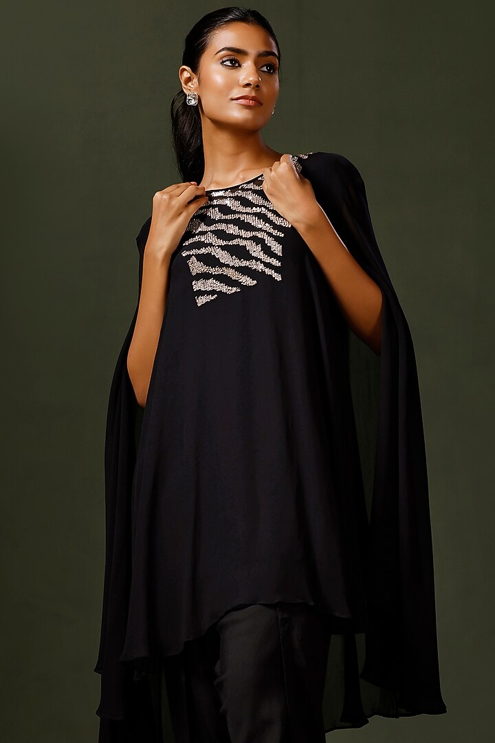 Black Georgette Hand Embellished Cape Set by Two Sisters By Gyans at ...