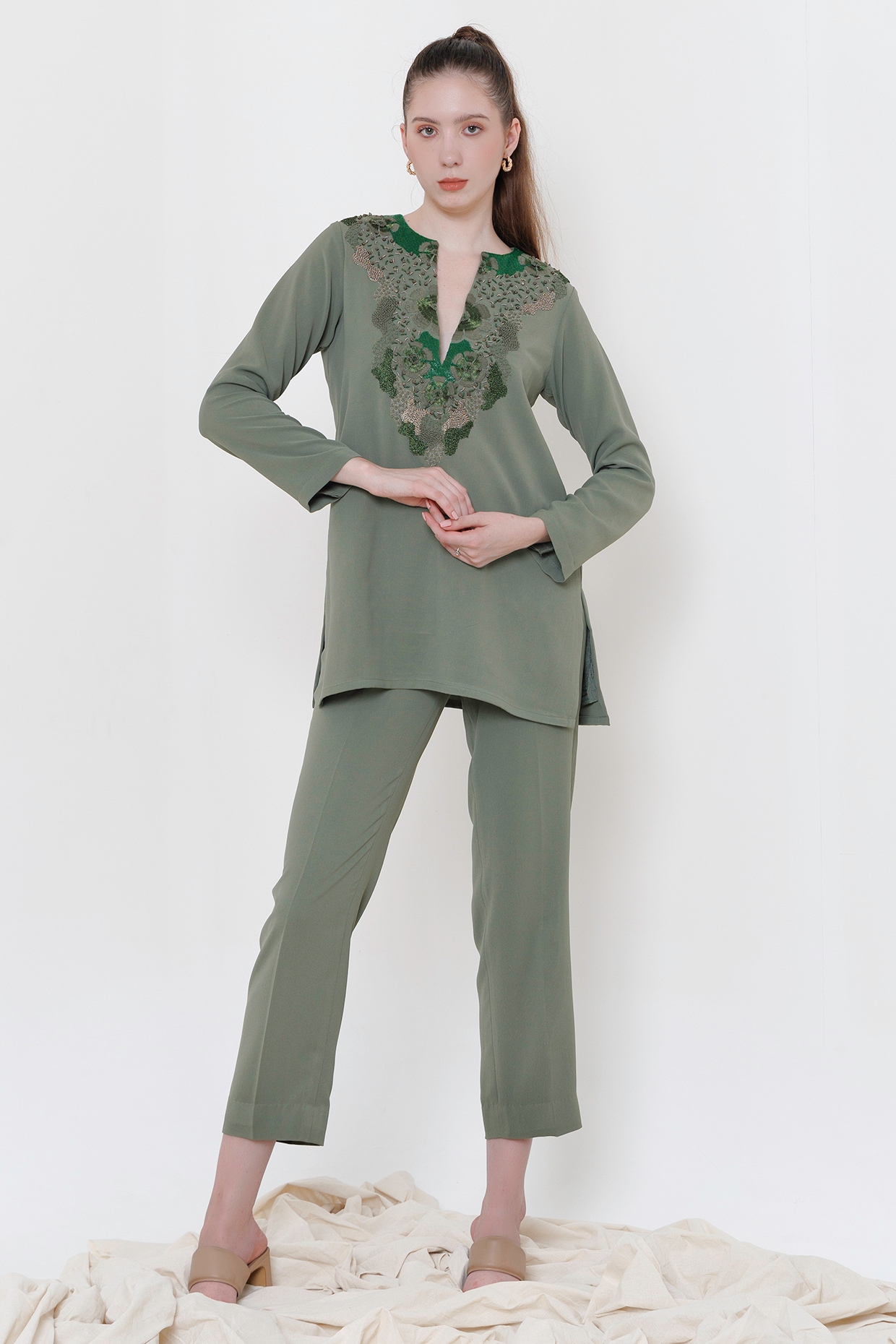 Olive Green Italian Crepe Zari Hand Embroidered Co-Ord Set by The Silk ...