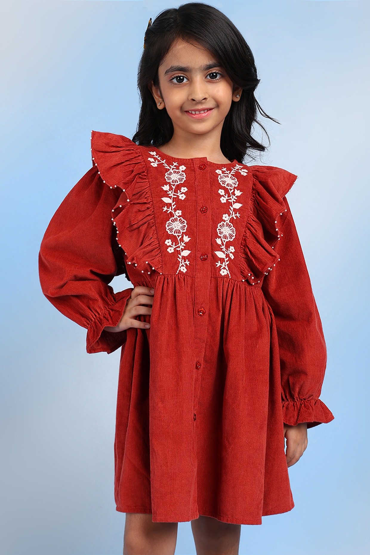 Rust Corduroy Embroidered Knee-Length Flared Dress For Girls by Tribe ...