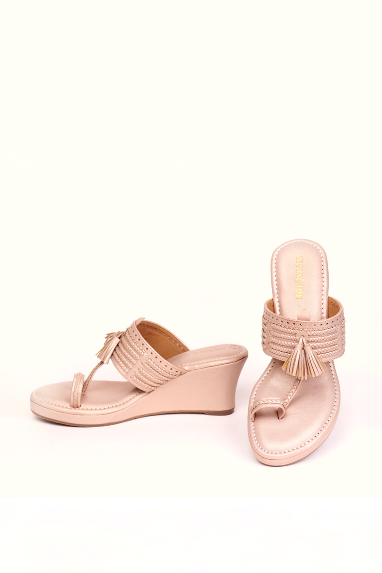 Rose Gold Vegan Leather Kolhapuri Wedges by Tic Tac Toe at Pernia's Pop ...