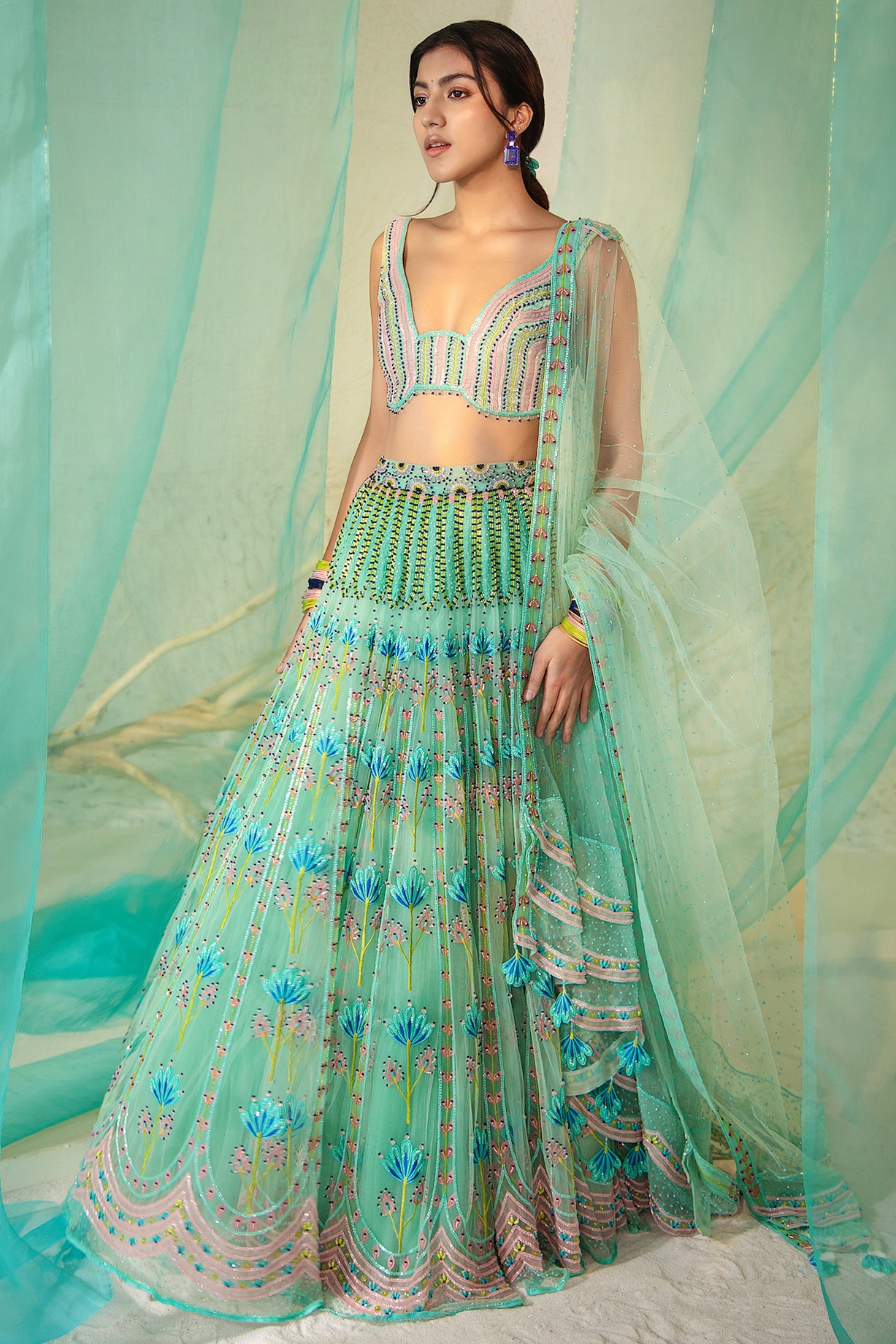 Sea Blue Tulle & Silk Organza Resham Embellished Bridal Lehenga Set by ...