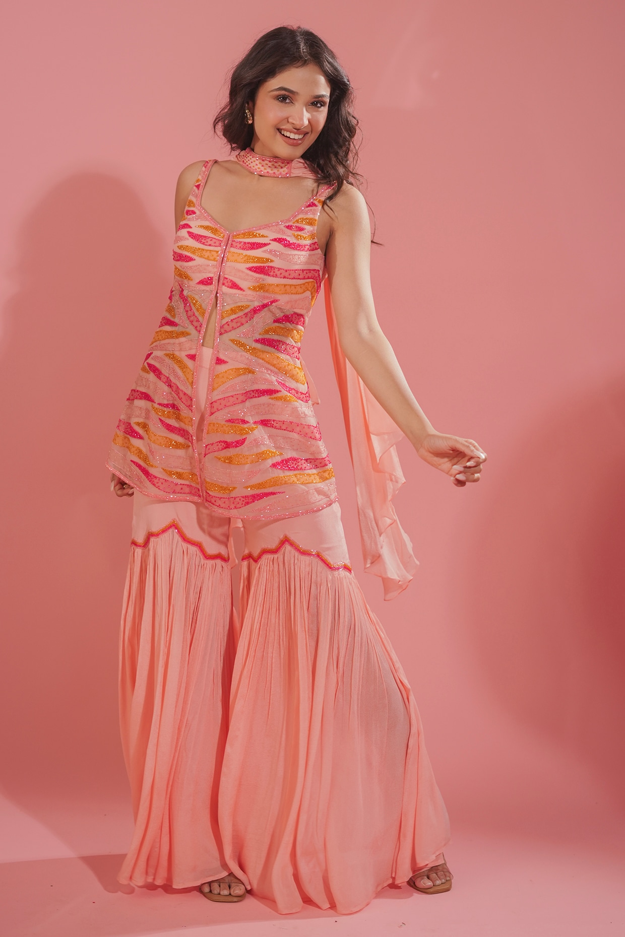 Peachy Pink Silk Crepe Sharara Set by TUHINA SRIVASTAVA at Pernia's Pop Up Shop 2025