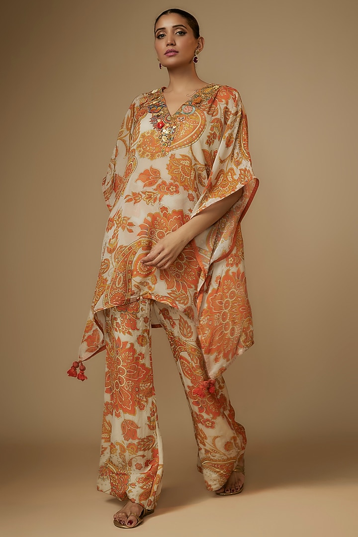 Ivory Viscose Organza Paisley Printed & Aari Embroidered Kaftan Set by ...