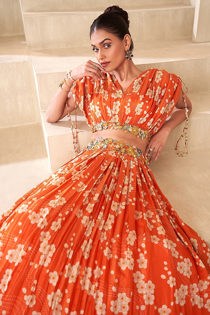 Orange Tissue Organza Printed And Embroidered Wedding Lehenga Set By