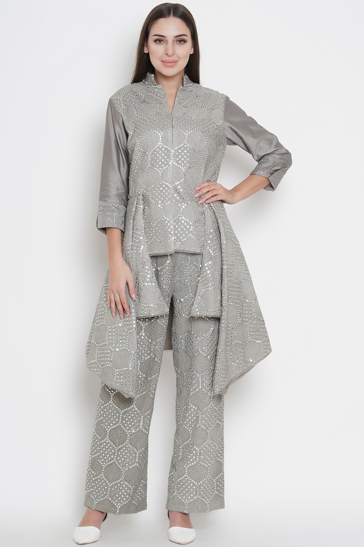 Silver Asymmetrical Jacket With Mirror Work by Twenty Nine at Pernia's ...