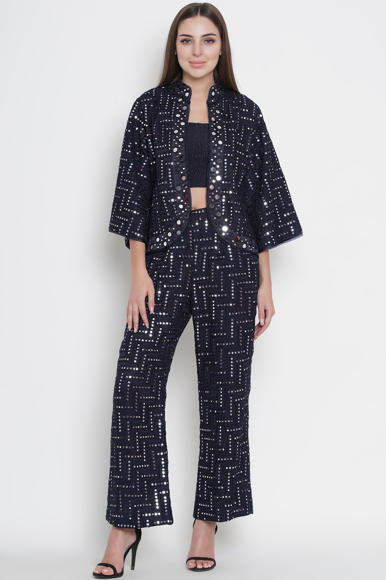 Black Short Asymmetrical Jacket With Mirror Work by Twenty Nine at ...