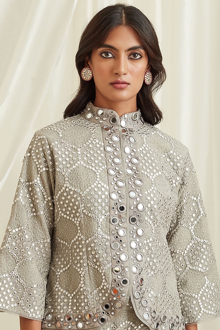 Silver Short Asymmetrical Jacket With Mirror Work by Twenty Nine at ...