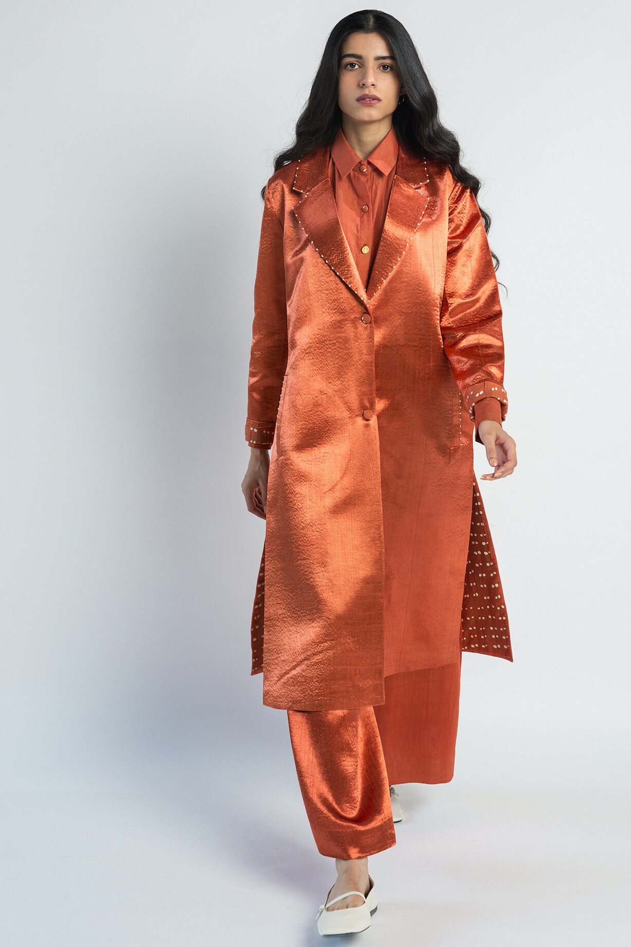 Rust Red Hand Printed Long Jacket Set Design by Two Fold Store at ...