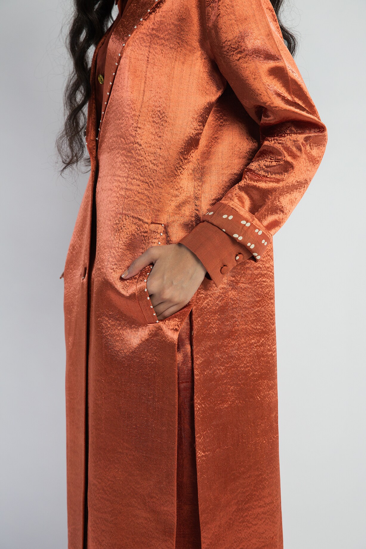 Rust Red Hand Printed Long Jacket Set Design by Two Fold Store at ...