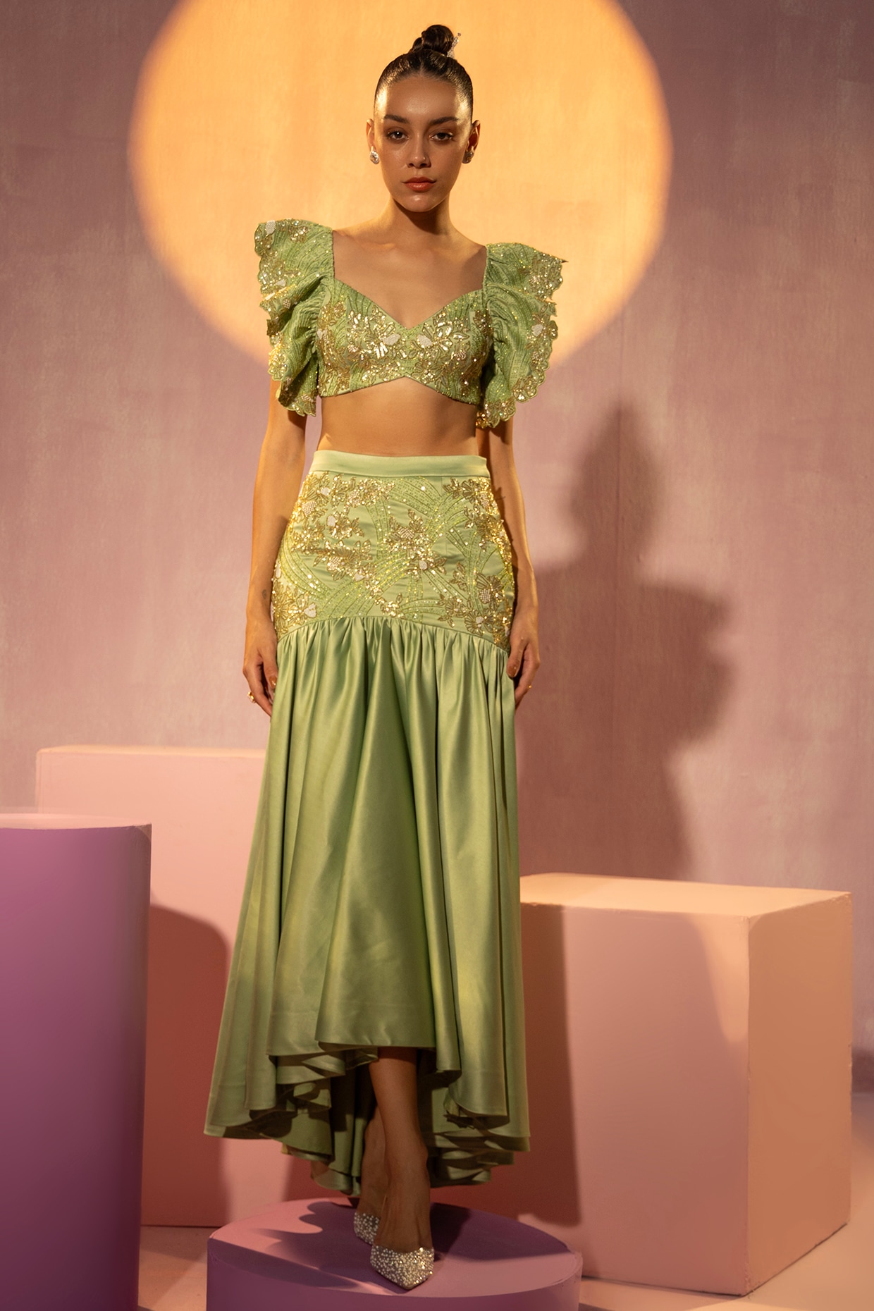 Green Dutch Satin Sequins Embroidered High-Low Skirt Set by TYOHAR at ...