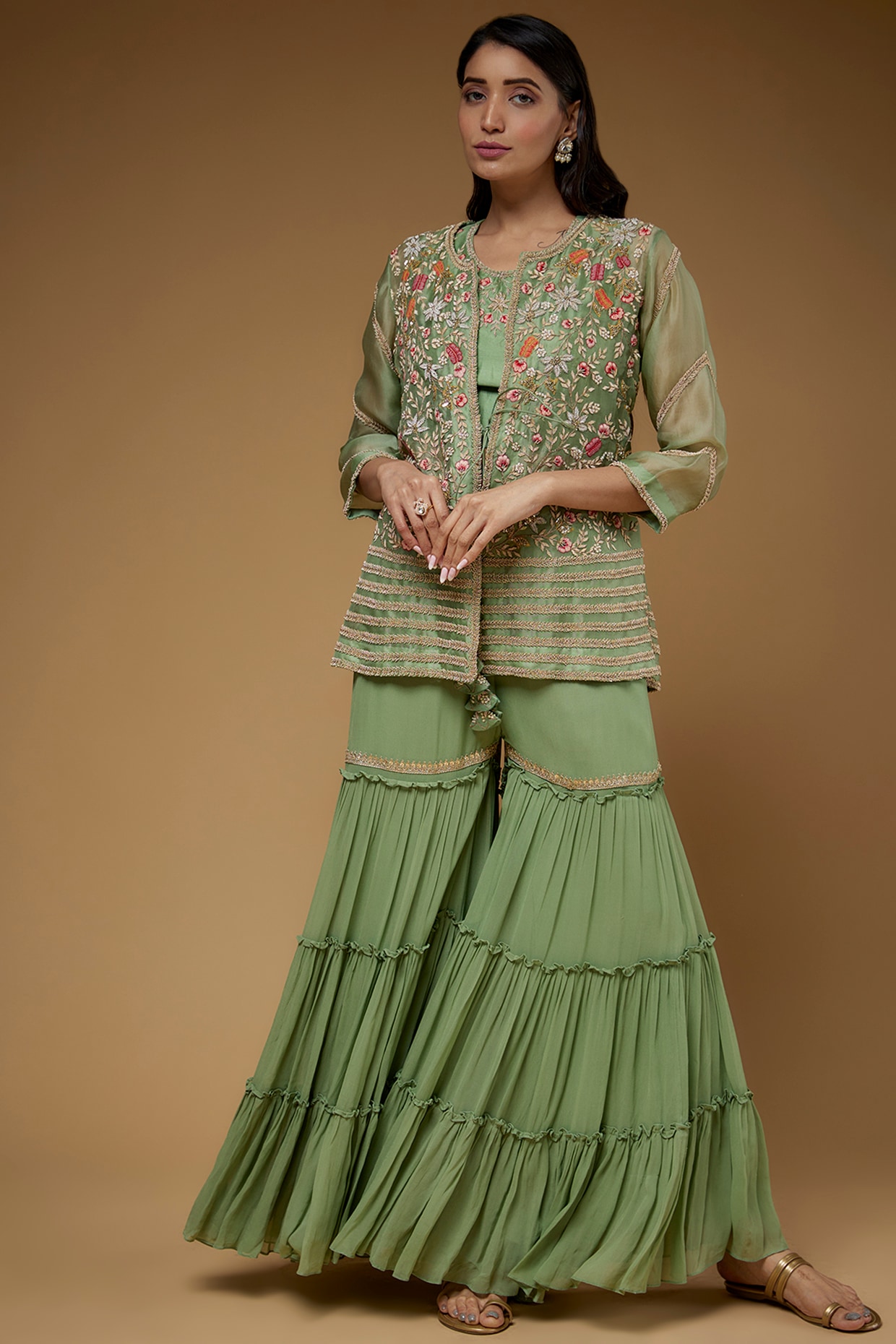 Green Organza Embroidered Jacket Set by USHA BAGRI at Pernia's Pop Up ...