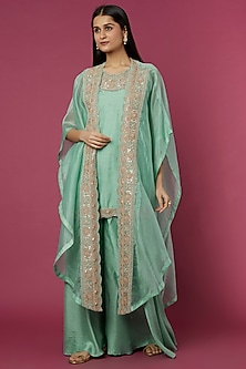 Blue Embroidered Cape Set Design by USHA BAGRI at Pernia's Pop Up Shop 2023