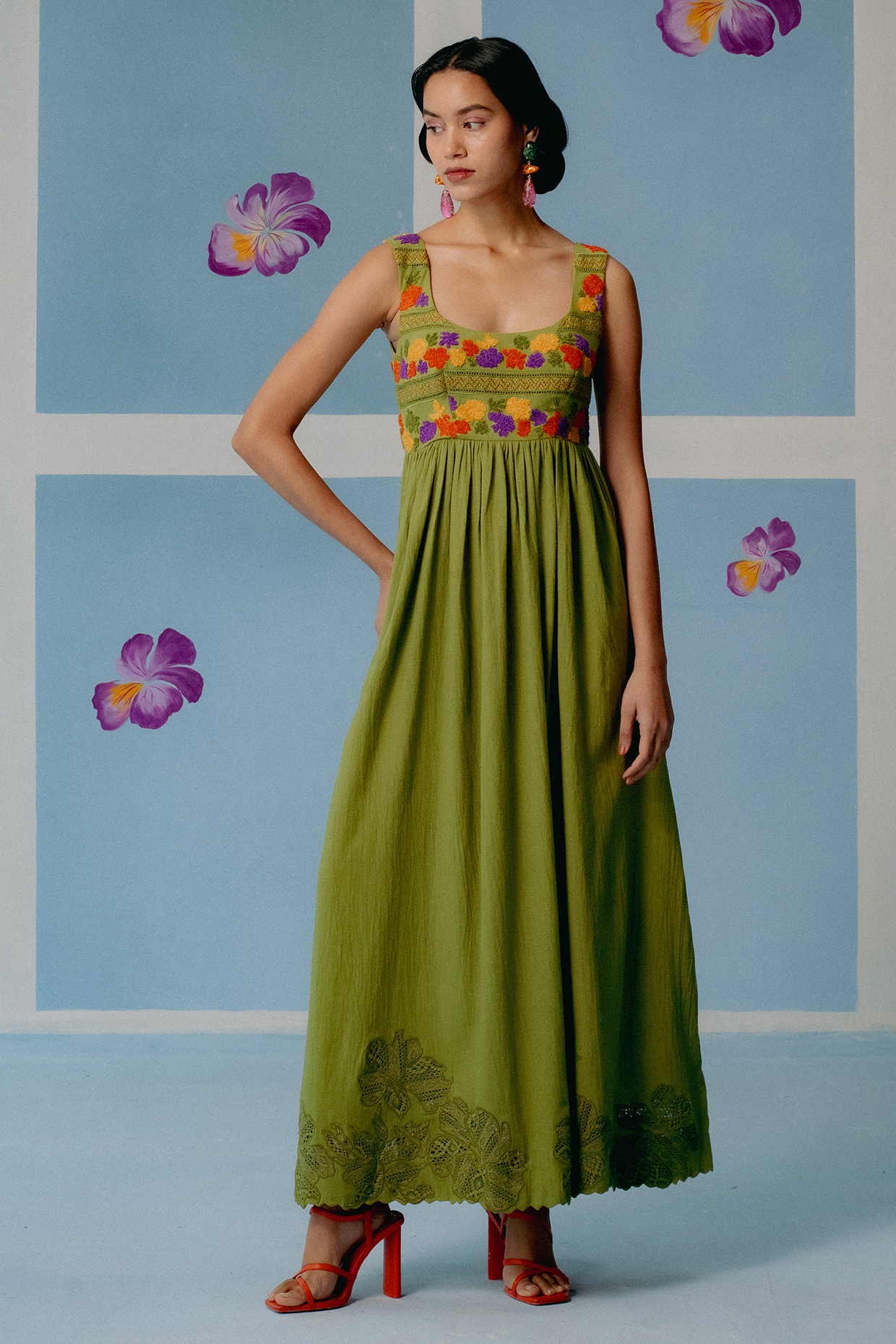 Olive Green Kala Cotton Texture Embroidered Gathered Dress by Uri by ...