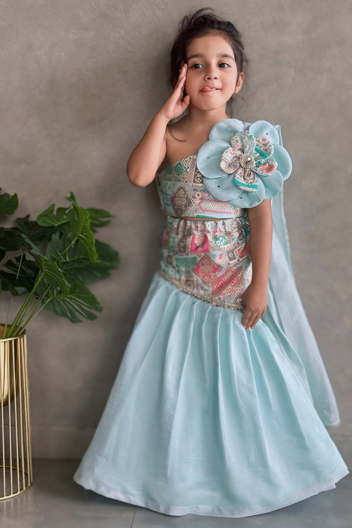 Blue Kashmiri Silk Fish-Cut Lehenga Set For Girls by UHA Kids at Pernia's Pop Up Shop 2025