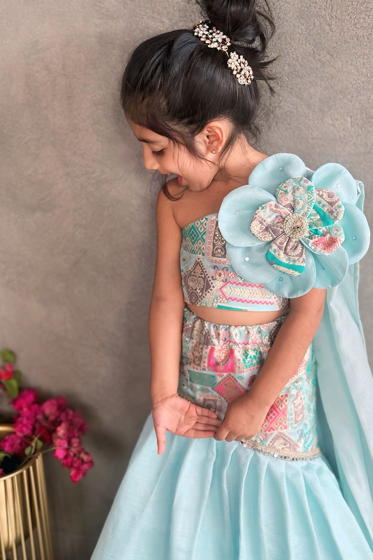 Blue Kashmiri Silk Fish-Cut Lehenga Set For Girls by UHA Kids at Pernia's Pop Up Shop 2025