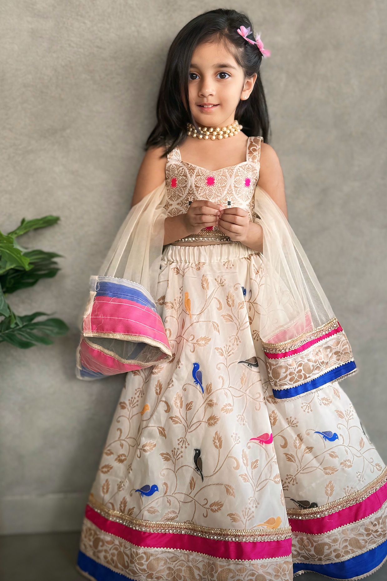 Beige Silk Blend Birds Printed Lehenga Set For Girls by UHA Kids at Pernia's Pop Up Shop 2025