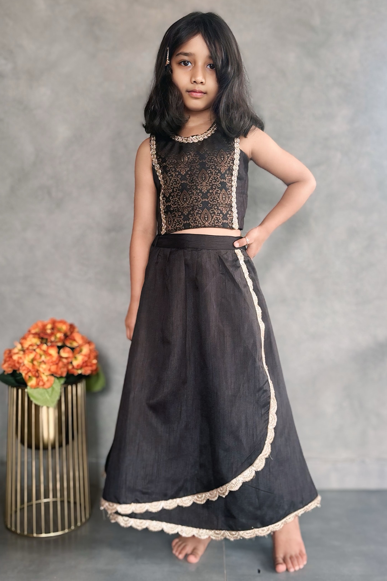 Black Raw Silk Wrap Skirt Set For Girls by UHA Kids at Pernia's Pop Up Shop 2025