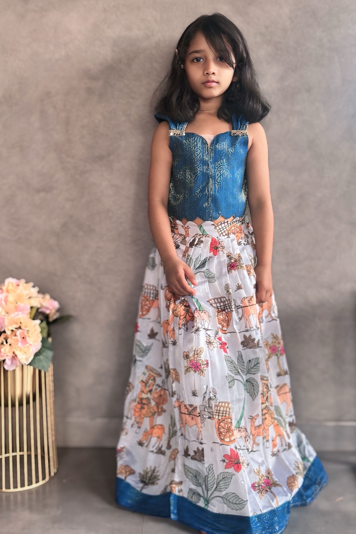 Blue & White Silk Blend Pichwai Printed Lehenga Set For Girls by UHA Kids at Pernia's Pop Up ...