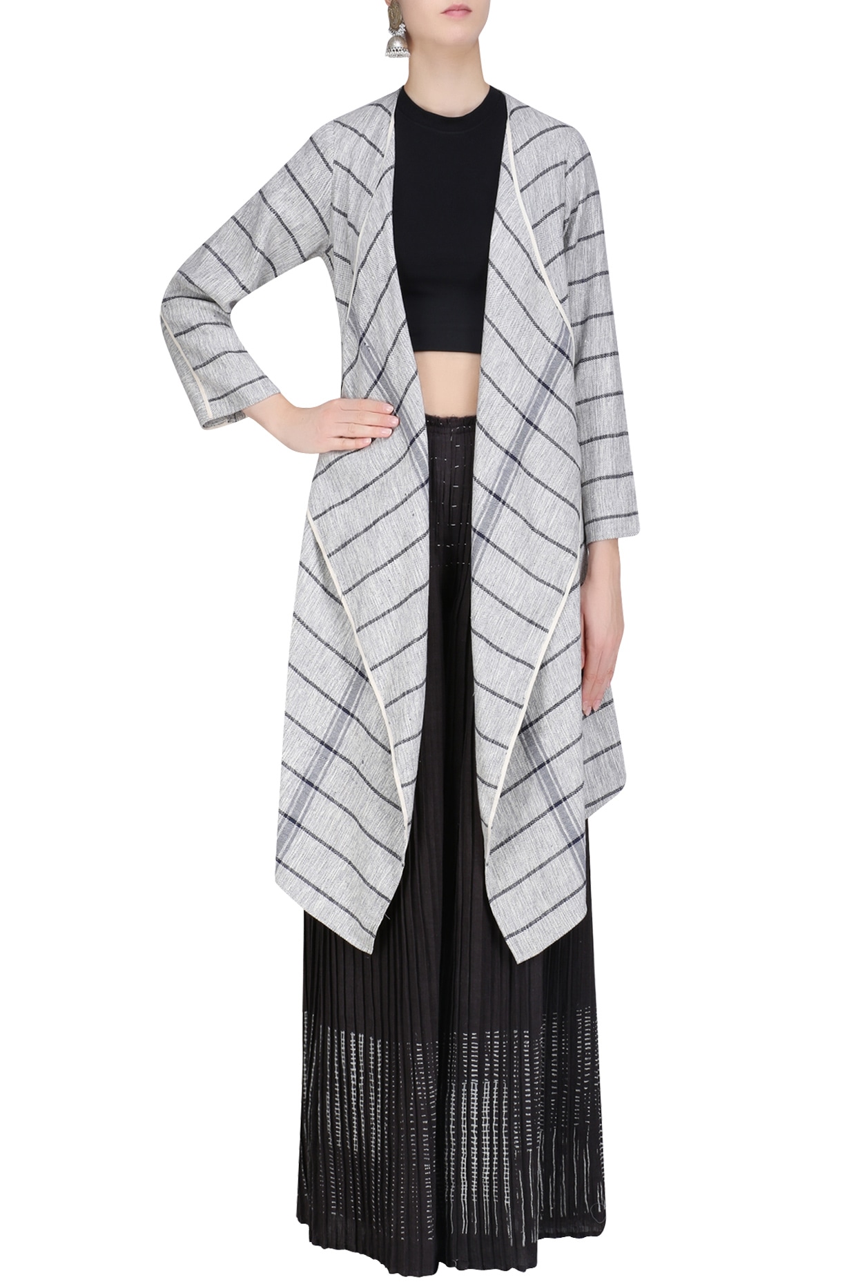 Dark grey striped front open jacket available only at Pernia's Pop Up ...