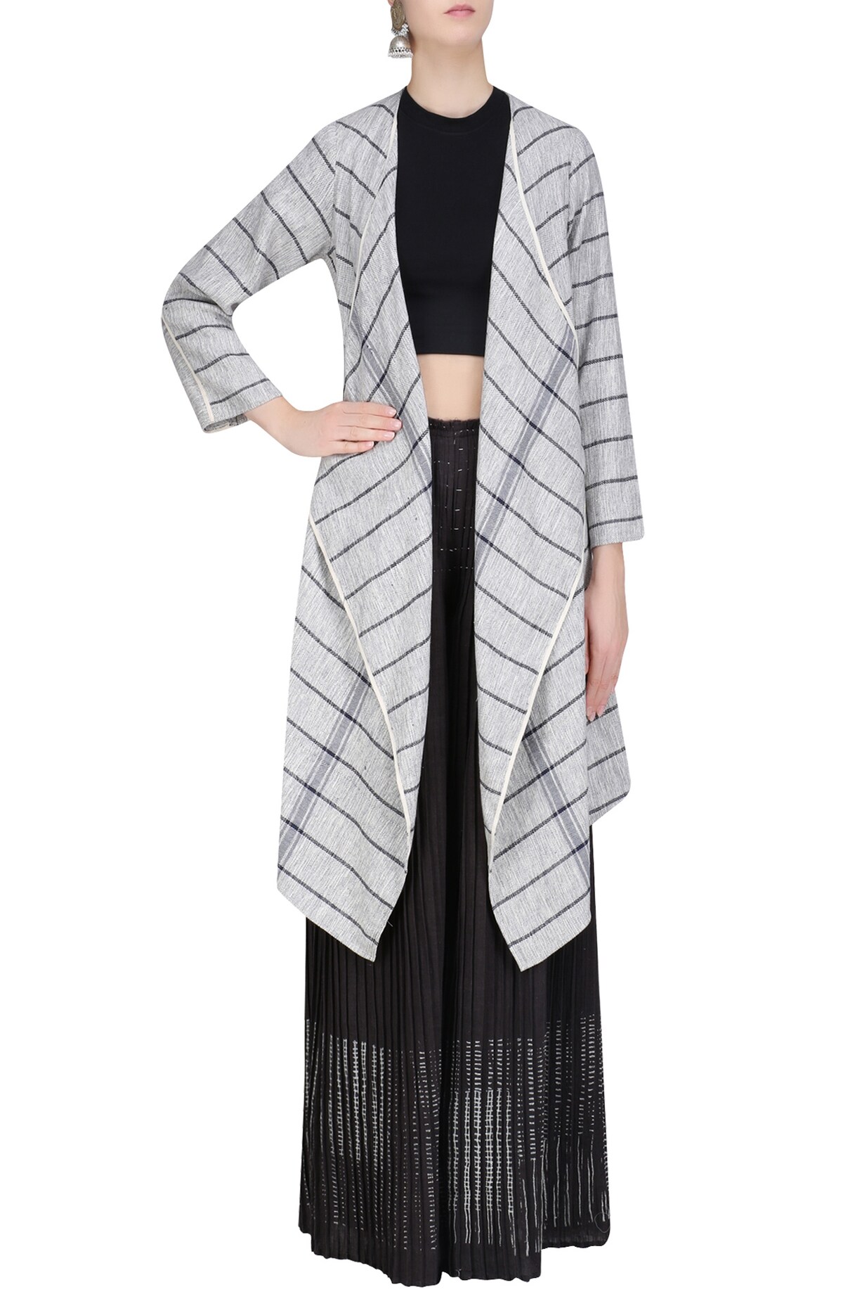 Dark grey striped front open jacket available only at Pernia's Pop Up ...