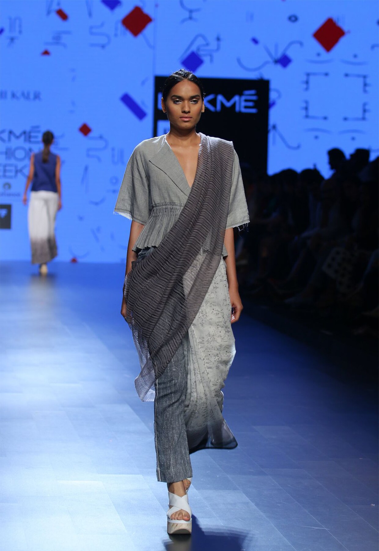 Grey and white caligraphy and stripes printed saree available only at ...