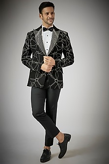 Black Japanese Polynosic Embroidered Tuxedo Set Design by UMANG MEHTA ...