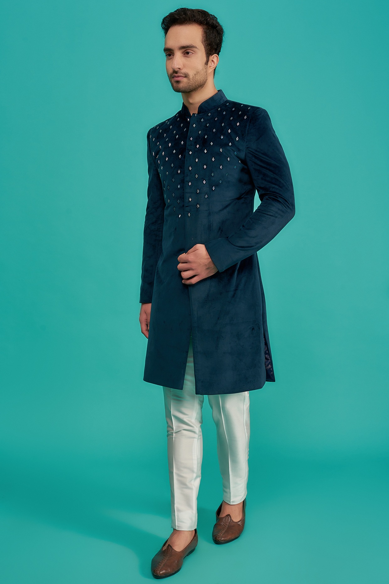 Green Suede Embroidered Indowestern Set by UNIQA at Pernia's Pop Up ...