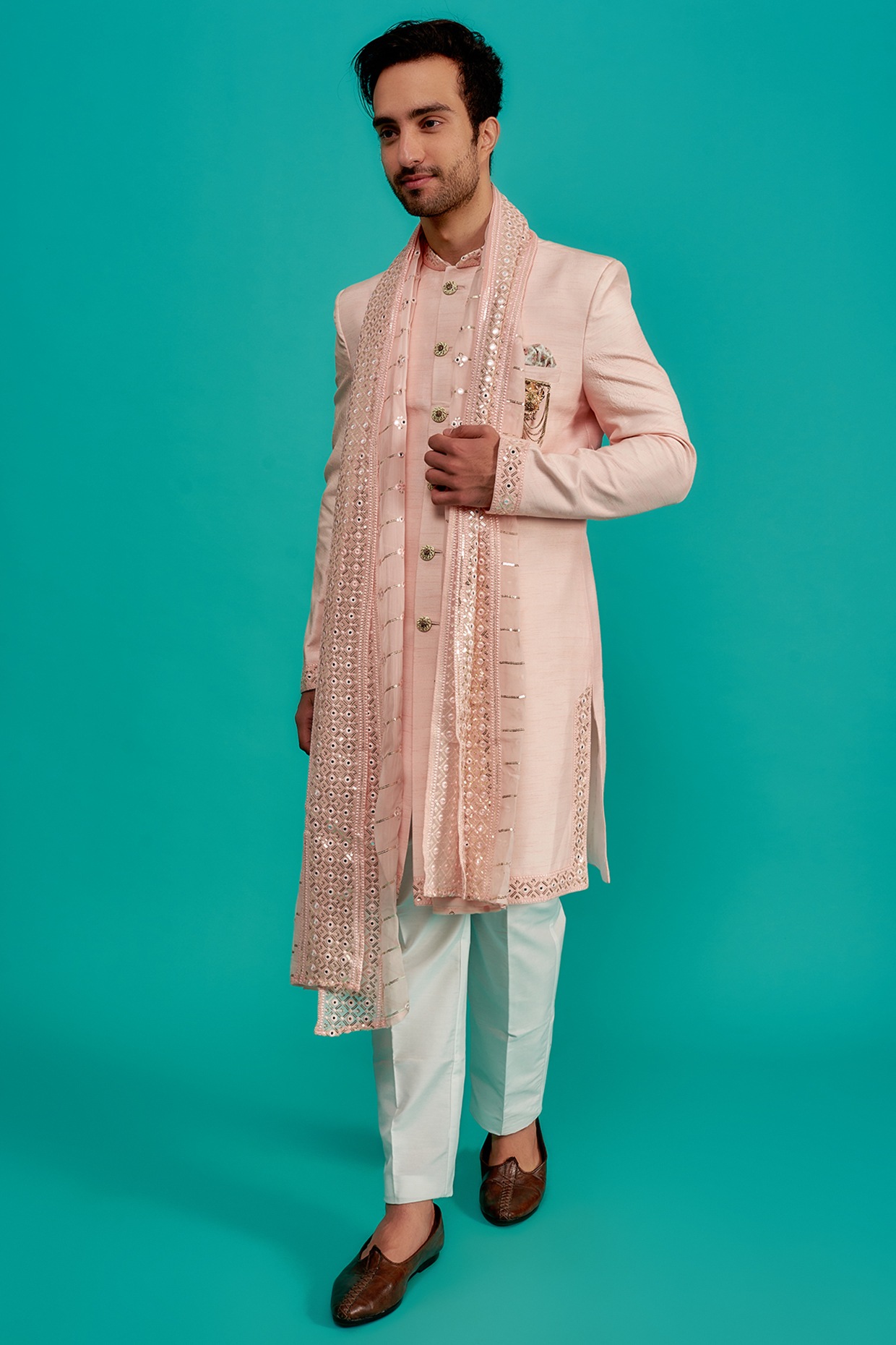 Peach Silk Wedding Sherwani Set by UNIQA at Pernia's Pop Up Shop 2025