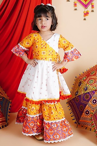 Multi-Colored Chanderi & Cotton Sharara Set For Girls by UNIQ RIYO ...