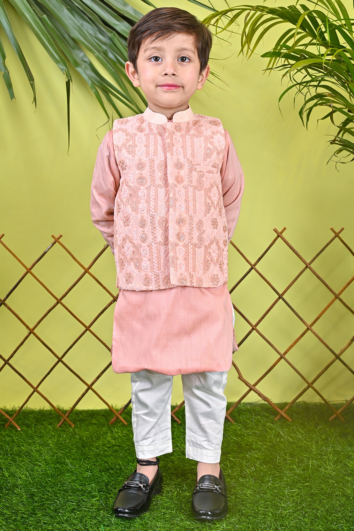 Peach Cotton Embroidered Jacket Set For Boys by UNIQ RIYO CREATION at ...