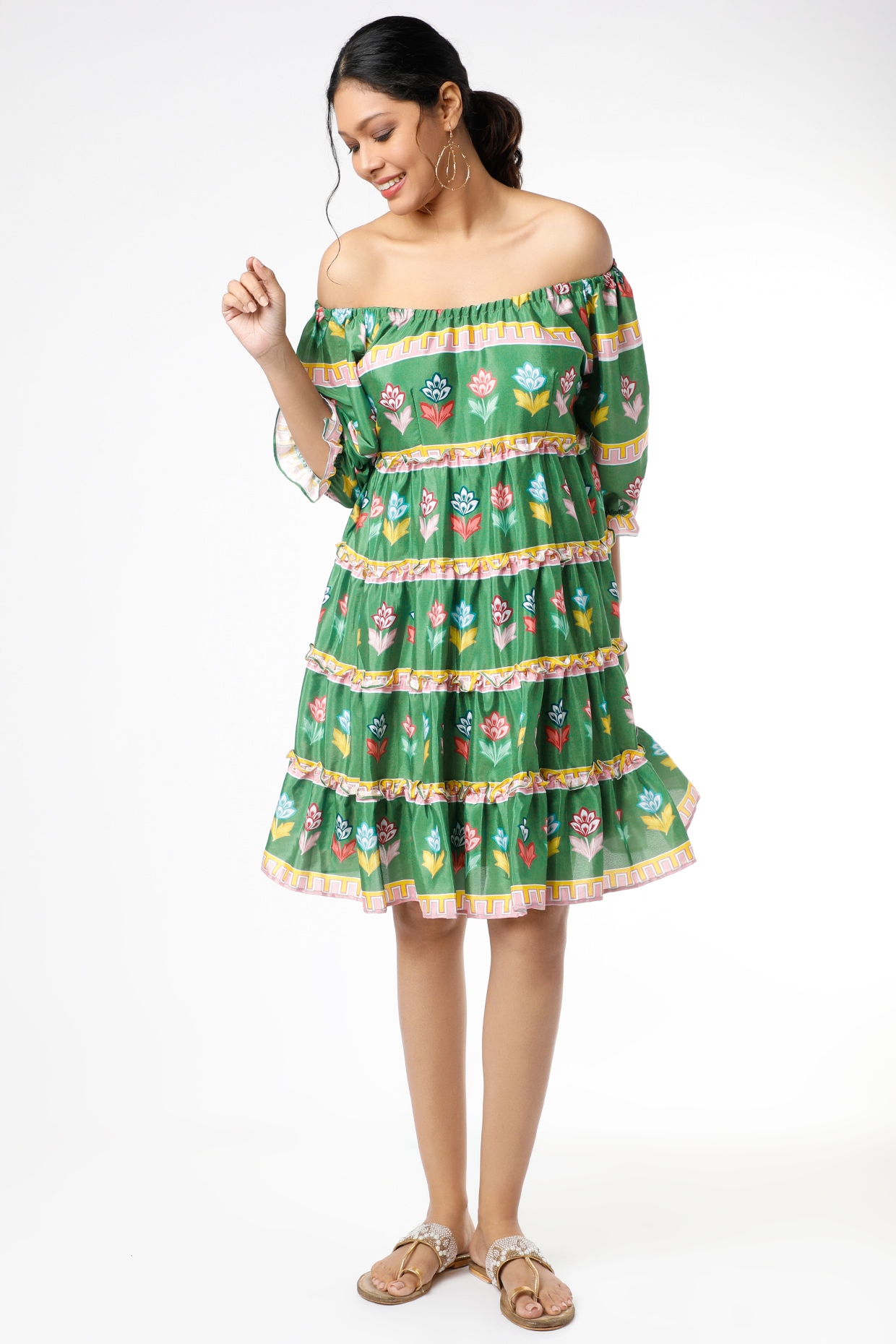 Mehendi Green Aztec Printed Off Shoulder Dress by Urban Pataka at ...