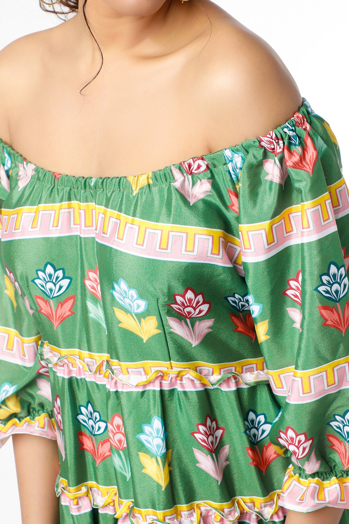 Mehendi Green Aztec Printed Off Shoulder Dress by Urban Pataka at ...