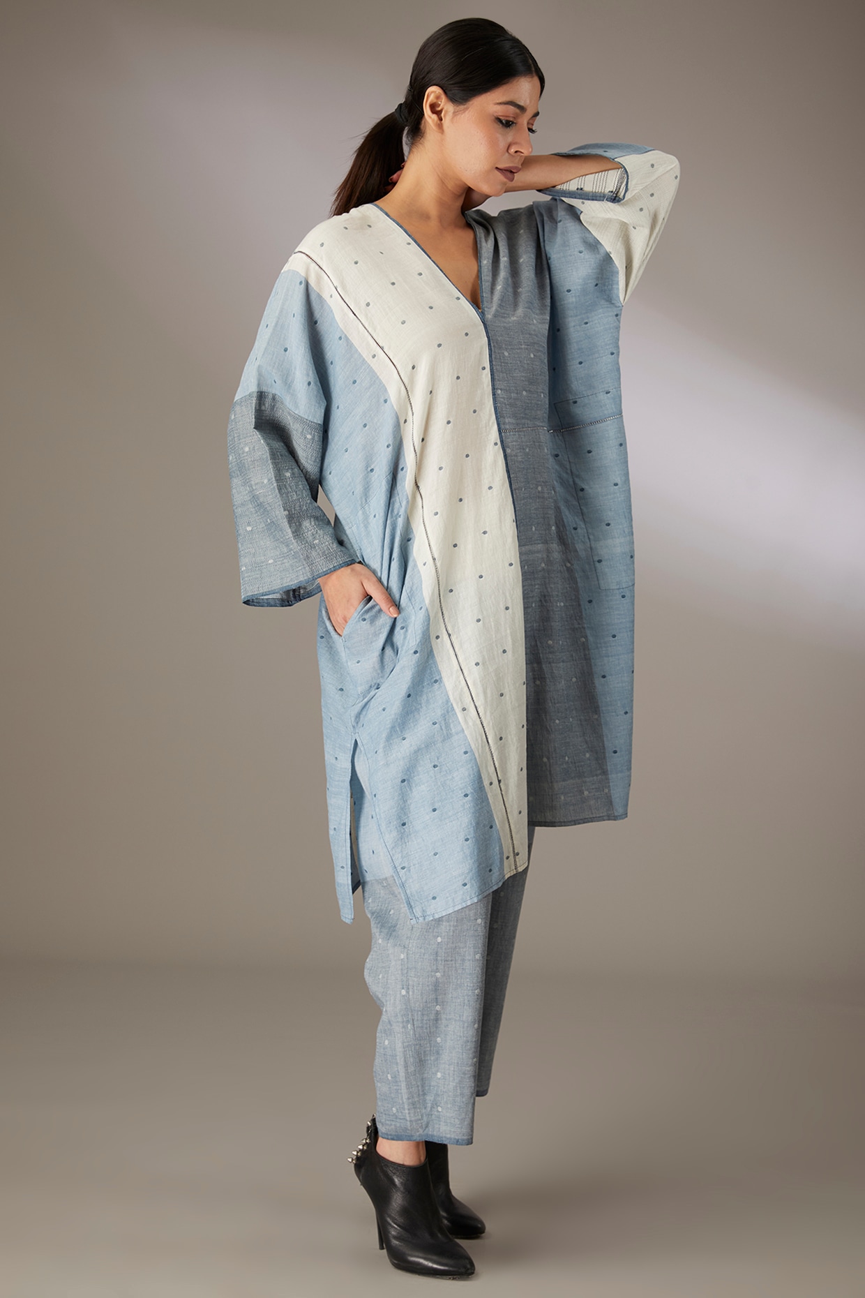 Blue Handloom Dotted Jamdani Dress by Urvashi Kaur at Pernia's Pop Up ...