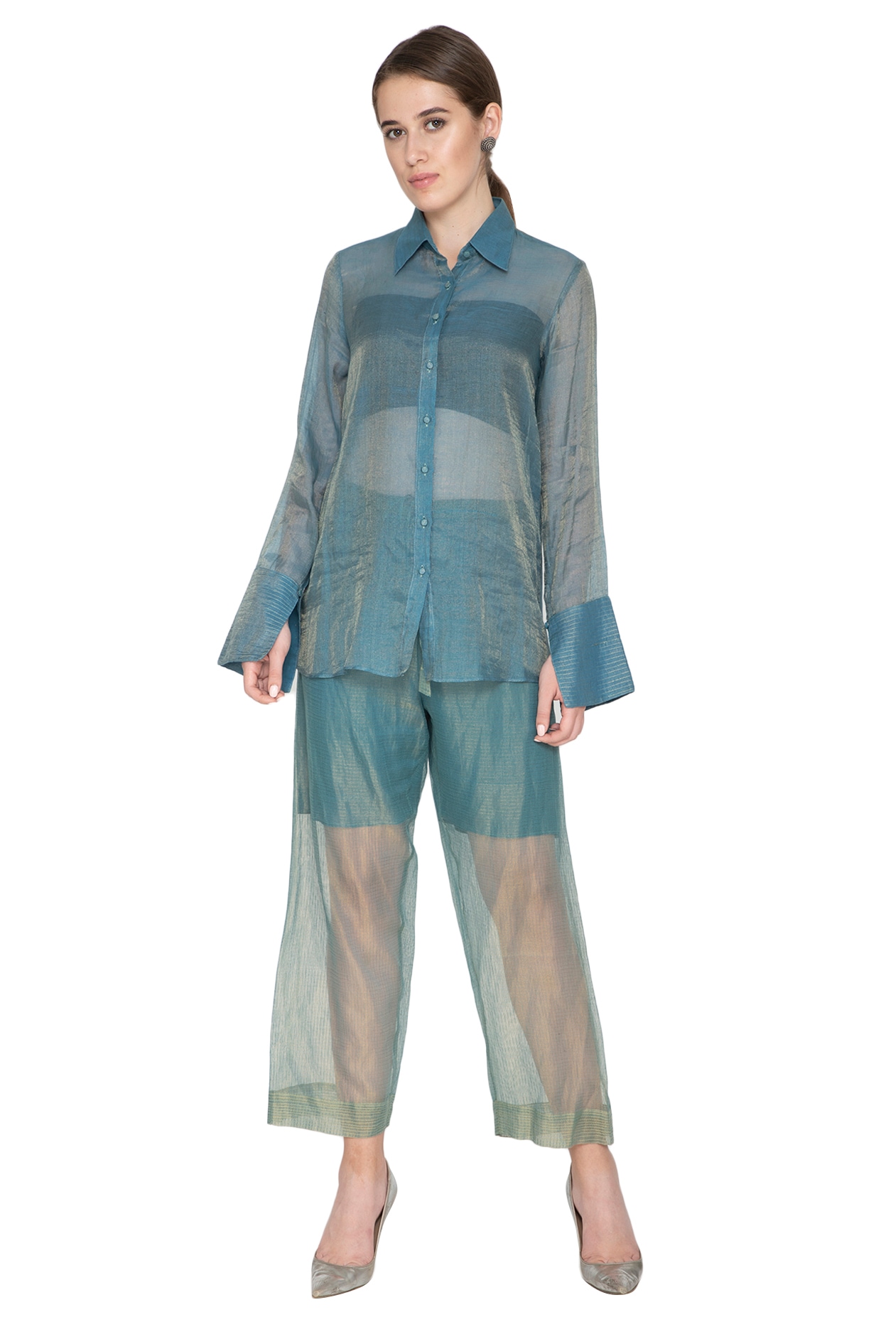 Blue Half Tissue Silk Shirt by Urvashi Kaur at Pernia's Pop Up Shop 2025