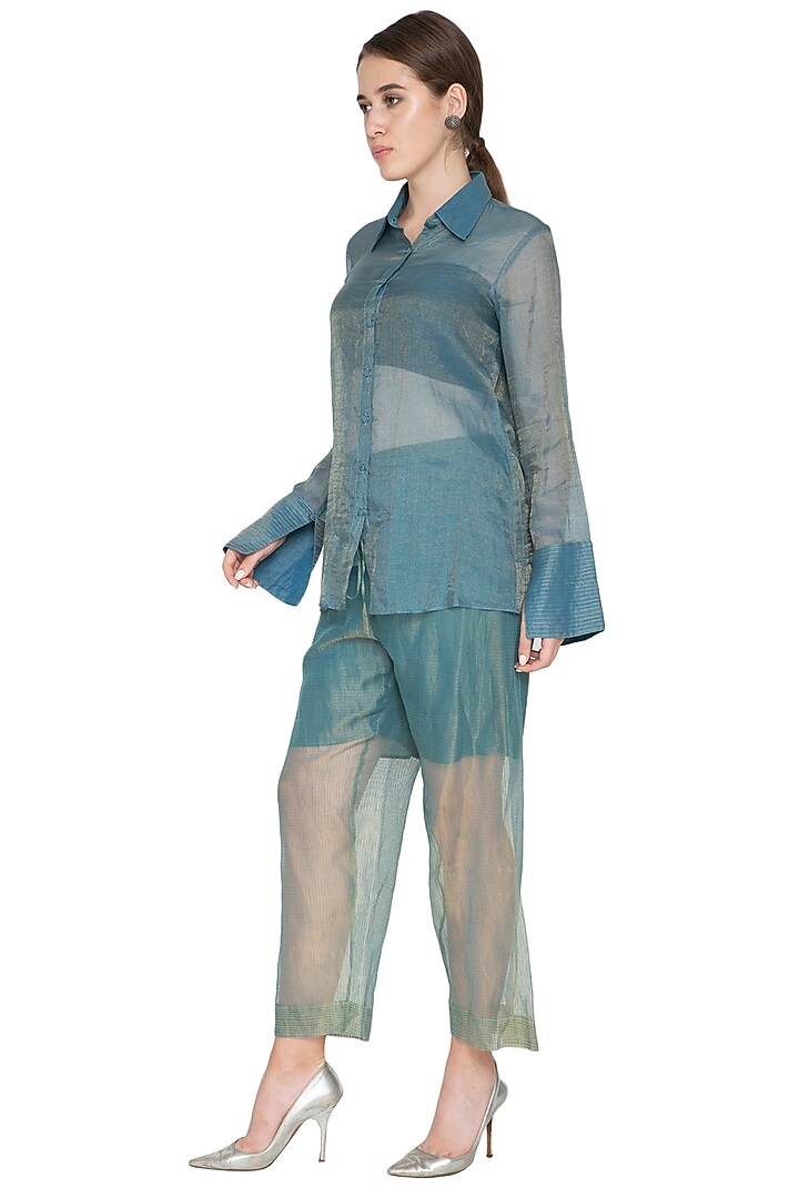 Blue Half Tissue Silk Shirt by Urvashi Kaur at Pernia's Pop Up Shop 2025